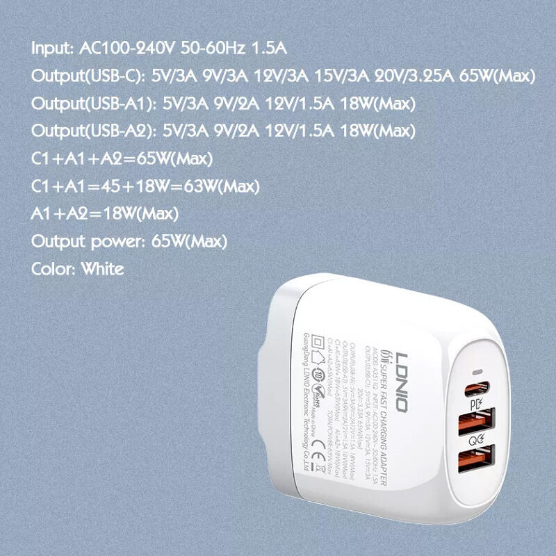 Kucni punjac LDNIO A3511Q PD, QC4+, QC3.0, PPS, 65W USB na Lightning ...