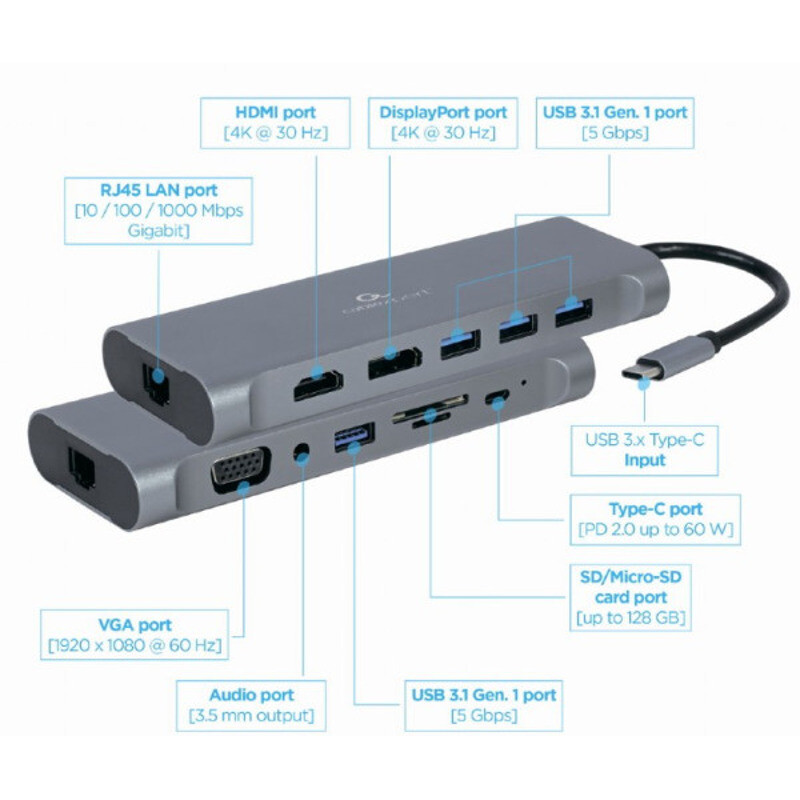 Docking station Cablexpert A-CM-COMBO8-01 USB-C - HDMI/DP/VGA/3xUSB/PD ...