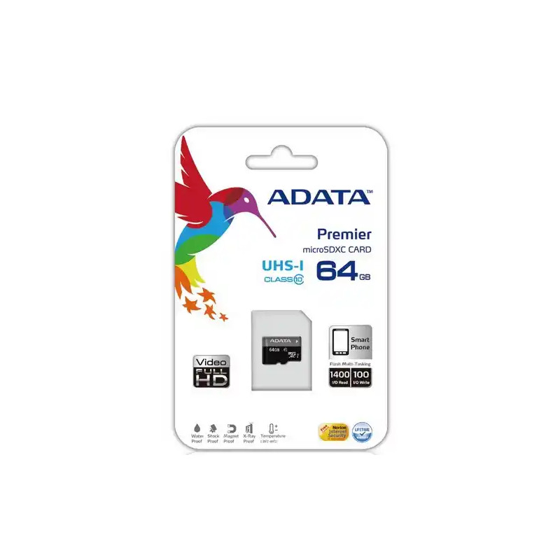 Micro SD Card 64GB AData + SD adapter AUSDX64GUICL10-RA1/ class 10 ...