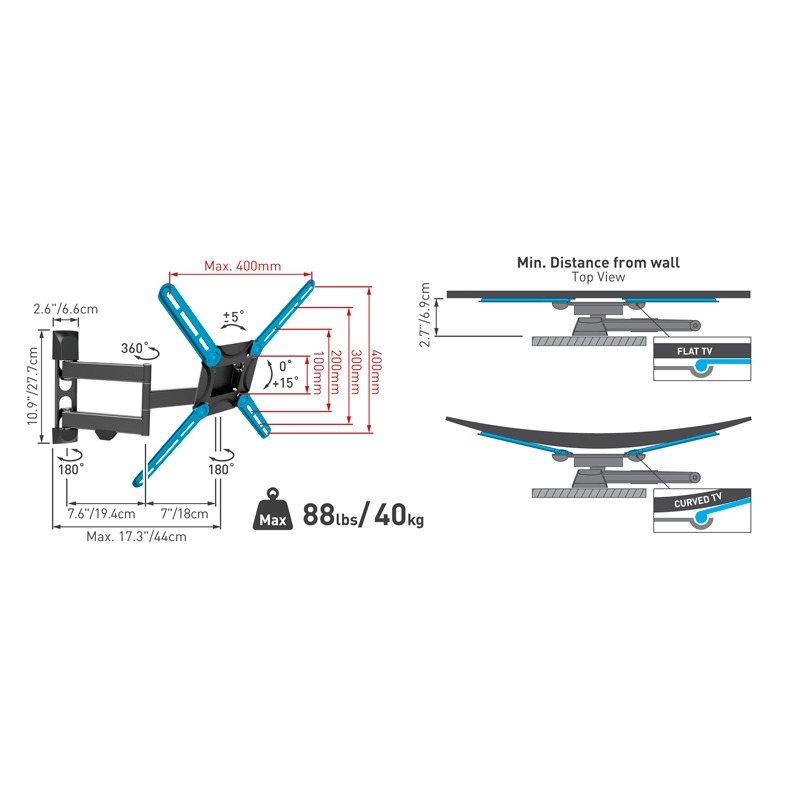 BARKAN 3400W.W LCD TV zglobni zidni nosač do 65 inča za ravne i zakrivljene televizore - Konovo.rs
